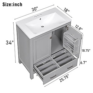 RIDFY 30" Bathroom Vanity with Sink, Modern Combo Cabinet Undermount Sink with 2 Doors and Drawer, Multifunctional Storage, Freestanding Single Basin Vanity, Solid Wood Frame (Grey)