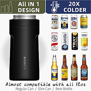 4 In 1 Insulated Universal Can Cooler with Lid - Newest Signice 12 Oz Stainless Steel Can Cooler Double Walled Vacuum Insulator for Skinny Tall Slim Standard Regular Can Beer Bottle (Matte Black)