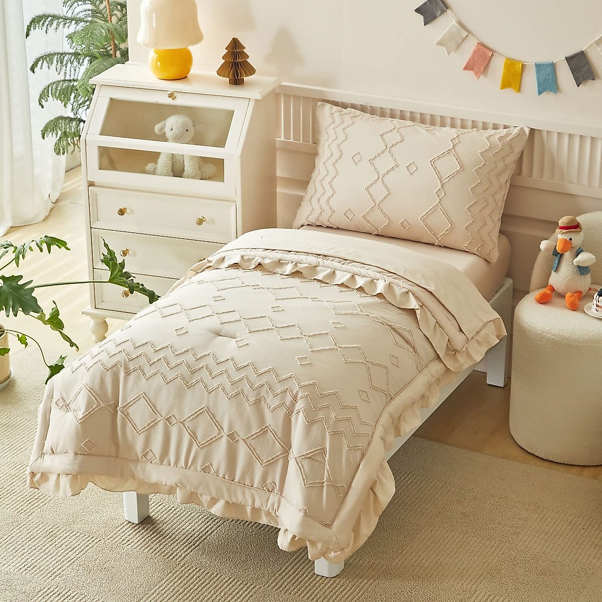 AIKASY Toddler Bedding Set 4 Pieces Super Soft Comforter Set, Shabby Boho Bohemian Design for Boys and Girls（Ruffle Fringe Comforter, Flat Sheet, Fitted Sheet and Pillowcase）- Khaki