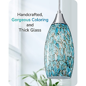 DEWENWILS EDISHINE Plug in Pendant Light, Hanging Light with15FT Adjustable Cord, On/Off Switch, Handcrafted Art Glass Shade, Hanging Light Fixture for Kitchen, Bathroom, Entryway, Light Blue