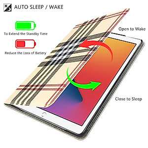 for 9th/8th/7th Generation Case (2021/2020/2019),10.2 Case Folding Stand Card Slot, Premium Leather Classic Plaid Cover Auto Wake/Sleep Smart Tablet Cover for 10.2 Inch-Creamy White