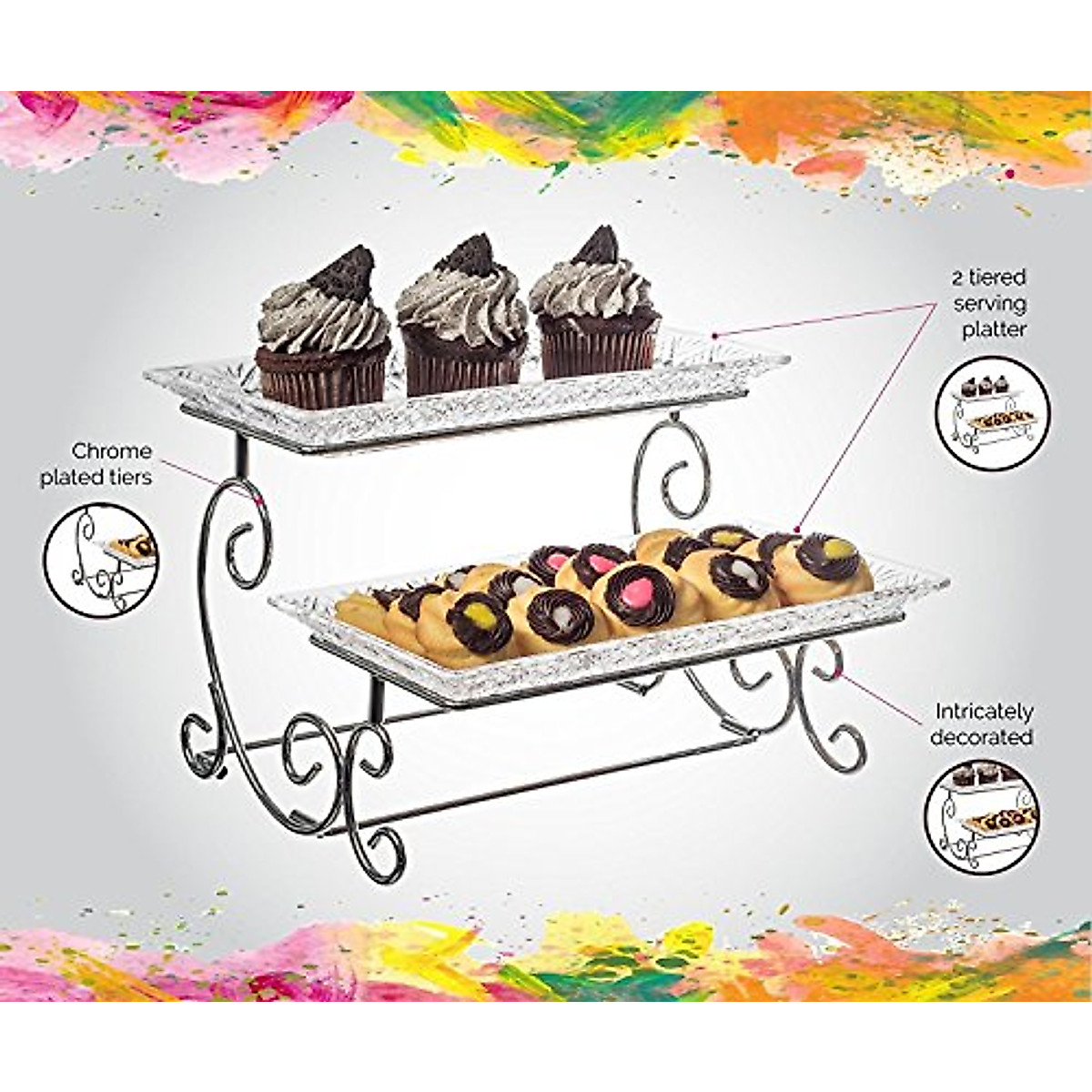 Godinger Silver Art Dublin 2 Tiered Glass Buffet Serving Tray - Chrome Plated Platter Stand with Starburst Design - Party and Event Dessert and Food Display Server