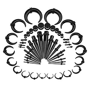 Memsion Ear Stretching Kit 54 Pieces 14G-00G Ear Gauges Expander Set Acrylic Septum Piercing Kit Crescent Spiral Buffalo Tapers and Plugs for Women Men Black Color