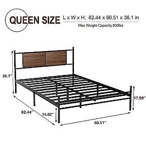 HAOARA Queen Size Bed Frame with Rustic Wood Headboard, Metal Heavy Duty Platform Frame, Sturdy Steel Slat Support, No Box Spring Needed, Black