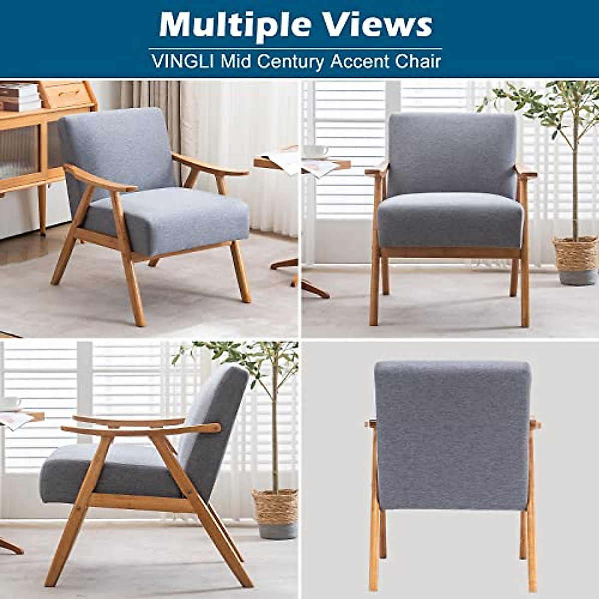 VINGLI Grey Accent Chairs Set of 2, Retro Mid Century Lounge Chairs for Living Room, Sturdy Upholstered Solid Wood Boho Farmhouse Armchairs for Bedroom/Reception