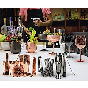 SKY FISH Bartender Kit Cocktail Shaker Set-7 Pieces Stainless Steel Black Plated Etching Bar Tools with Boston Shaker Tins,Mixing Spoon,Mojito Muddler,Japanese Double Jigger,Hawthorne Strainer