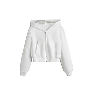 WDIRARA Girl's Zip Front Hoodie Pocket Casual Long Sleeve Sweatshirt Tops White 12-13Y