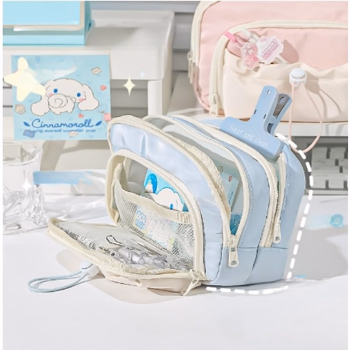 irLocy Cute Aesthetic Pencil Case Kawaii Pencil Case with Kawaii Pins Large Pencil Pouch Holder Preppy Supplies (blue)