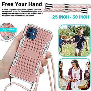 E-Tree Compatible with iPhone 12 Mini Case Cross Body Strap and Stand,2 in 1 Shockproof Hybrid Hard PC & Soft Rubber, Crossbody Lanyard Perfect for Go Outside and Kid Elderly(Pink)