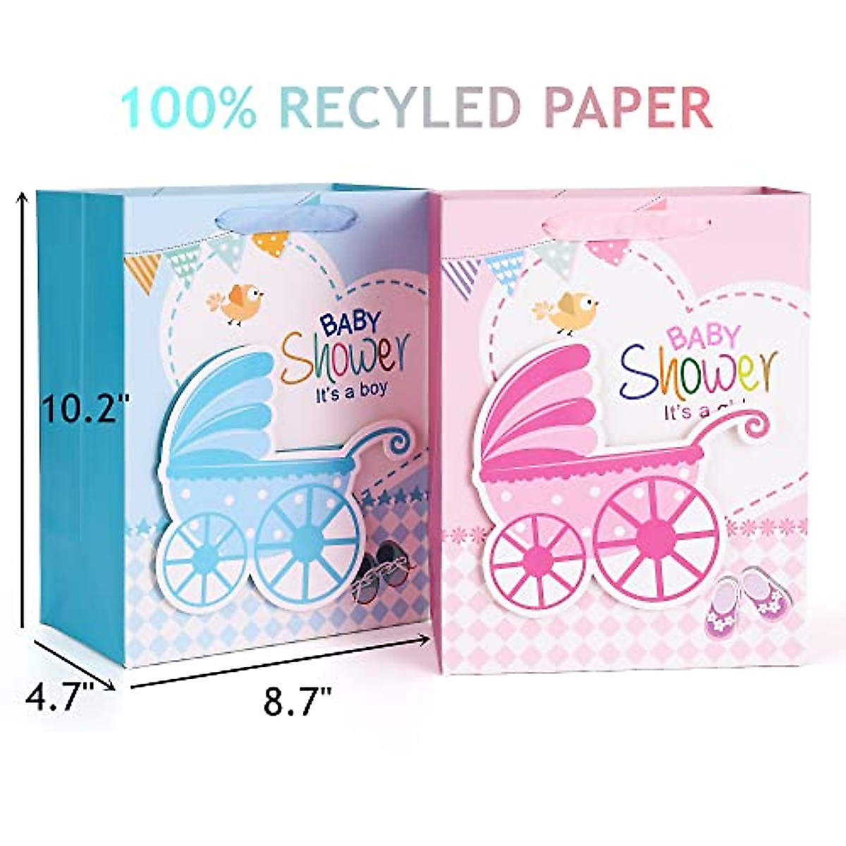 Gift Bags for Baby Shower - 2 Pack Glittery Baby Bags for Girls and Boys with Satin Ribbon Handles, Middle Size Baby Gift Bags with Lovely Pattern for Baby Shower, Guests, Favor Gifts and More (8.7’’x10.2’’x4.7’’, 1 Pack for Boy and 1 Pack for Girl)