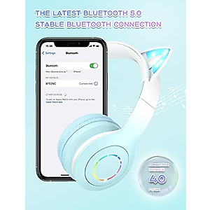 VuyKoo Bluetooth Headphones with Microphone/RGB LED Light Up, Cat Ear Wireless Headphones, Stereo Gaming Headset for Cellphone/PC/Laptop/Tablet/TV Kids Girls & Boys Teens/Birthday Gift (Green)