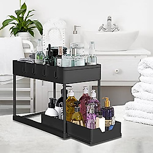 2 Pack Under Sink Organizer, Under Sink Organizers and Storage, Sliding 2 Tier Cabinet Organizer, Multi-Purpose Storage Rack with Hooks for Kitchen and Bathroom, Office, Bedroom(2 Pack) (Black2)