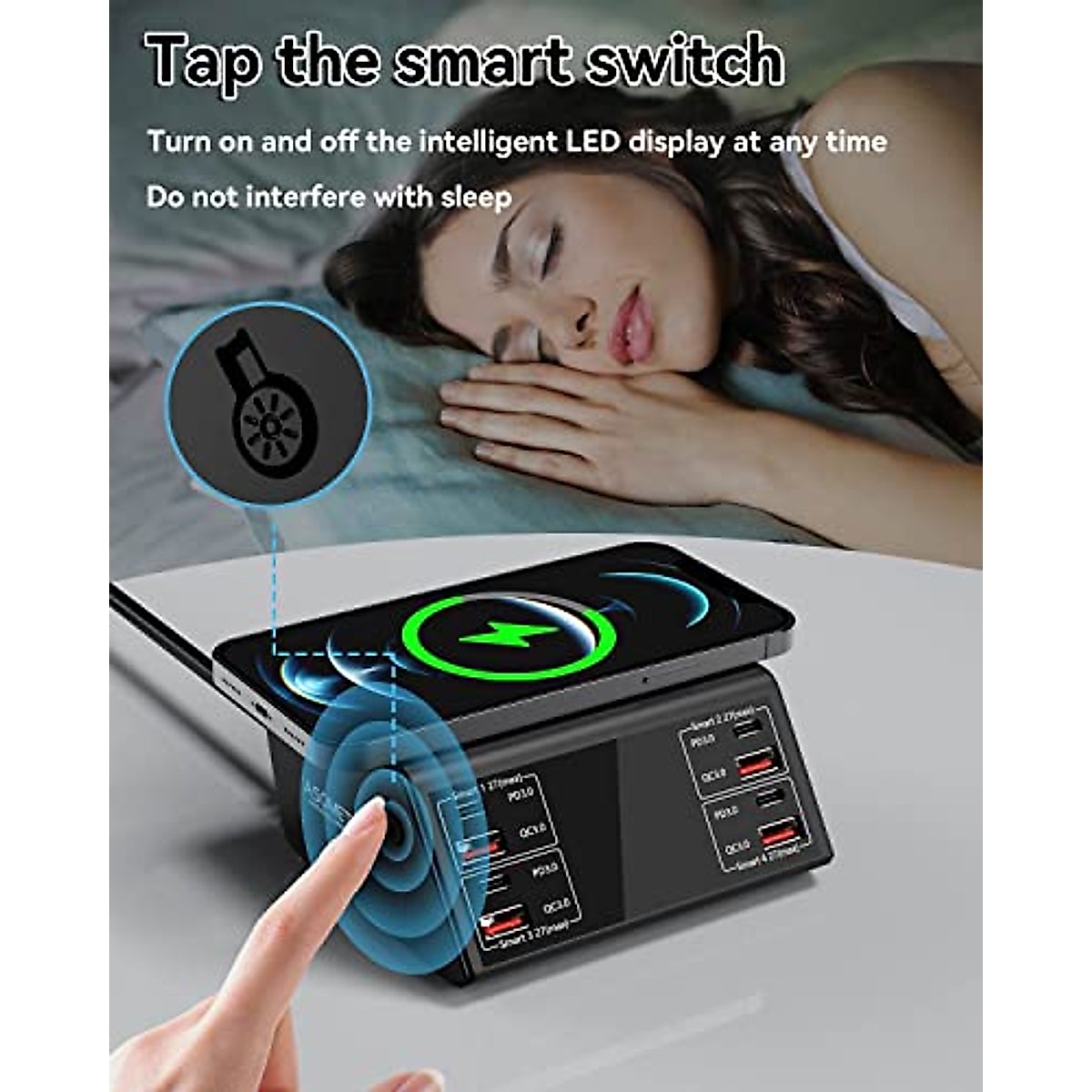USB Charger, ASOMETECH 100W 8 Port Multiple USB Charging Station with 4 Quick Charge 3.0, 4 USB C PD Port, Wireless Charger, LCD Display Fast USB Charging Hub for iPhone 13 12 iPad Samsung and More