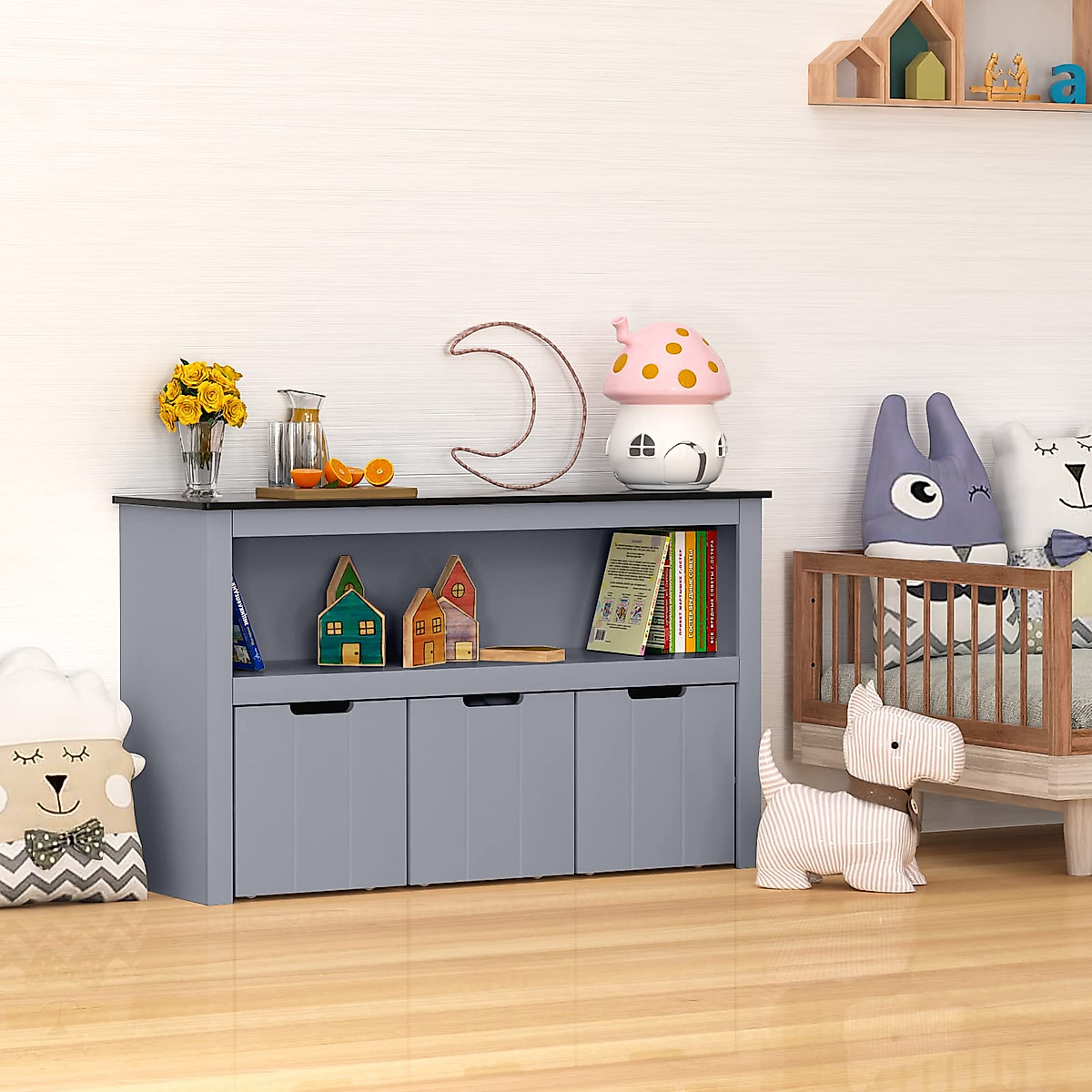 AUXSOUL Toy Storage Organizer - Kids Toy Organizers with Blackboard - 3 Storage Bins and Open Shelf - Suitable for School Classroom, Children's Room, Playroom, Hallway(Grey)