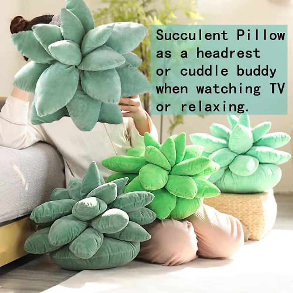 JIFOVER 3D Succulents Pillow-Cute Pillows-17.7in Cute Succulents Stuffed Plush Cactus Throw Pillows for Green Lovers Soft Plant Leaf Shaped Decorative Pillows (10in/Dark Green)