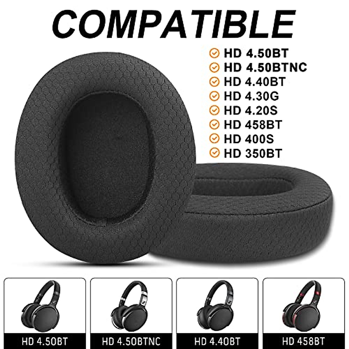 Replacement Ear Pads for Sennheiser HD4.50BT HD4.50BTNC HD4.40BT Headsets Earpads Replacement, Earpads Cushions for Sennheiser HD4.50BT, Soft and Comfortable Sponge, Black Mesh Fabric
