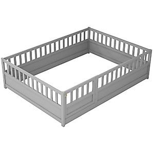 CITYLIGHT Full Floor Bed with High Rails, Wood Montessori Floor Bed with Door Design, Kids Full Bed Frame for Boys Girls Children,No Bed Slats,Grey