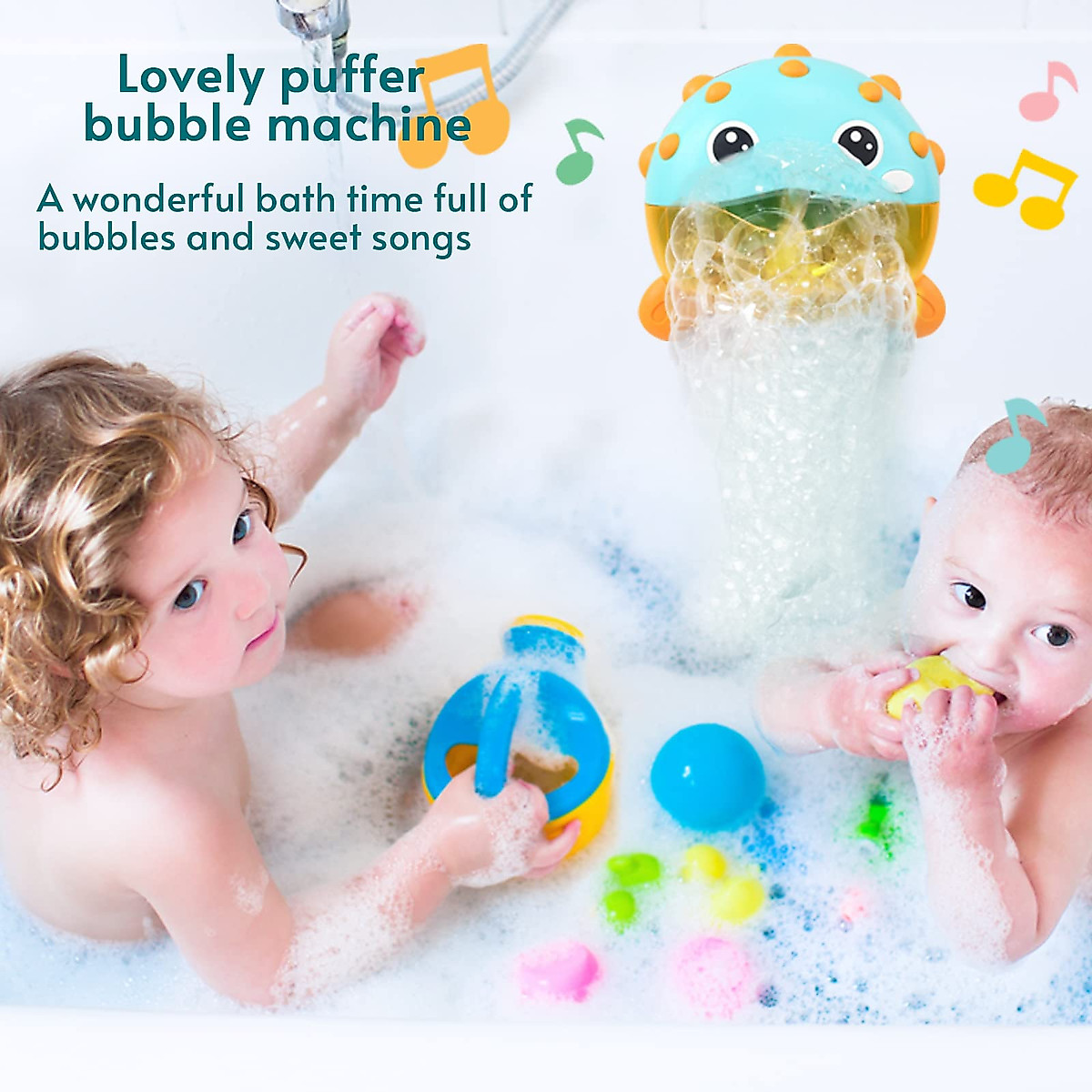 Bathtub Bubble Machine, Bath Bubble Maker Automatic Bath Toy for Baby Toddler Kids, Puffer Shape with Music, Bathroom Blowing Bubbles Funny Gift for Boys and Girls (Globefish Blue)
