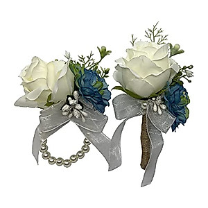 Wrist Corsage Wristlet and Boutonniere Set for Wedding, Ivory and Dusty Blue Rose Corsage Wristlet Band Bracelet for Anniversary, French Fall Vintage Wedding, Prom Flower (A White & Blue)