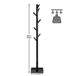 JOISCOPE Wooden Coat Rack Freestanding, Sturdy Coat Tree with 3 Adjustable Sizes, 8 Hooks and Easy to Assemble Coat Hanger for Coats, Hats, Scarves, Clothes and Handbags，Square(Black)