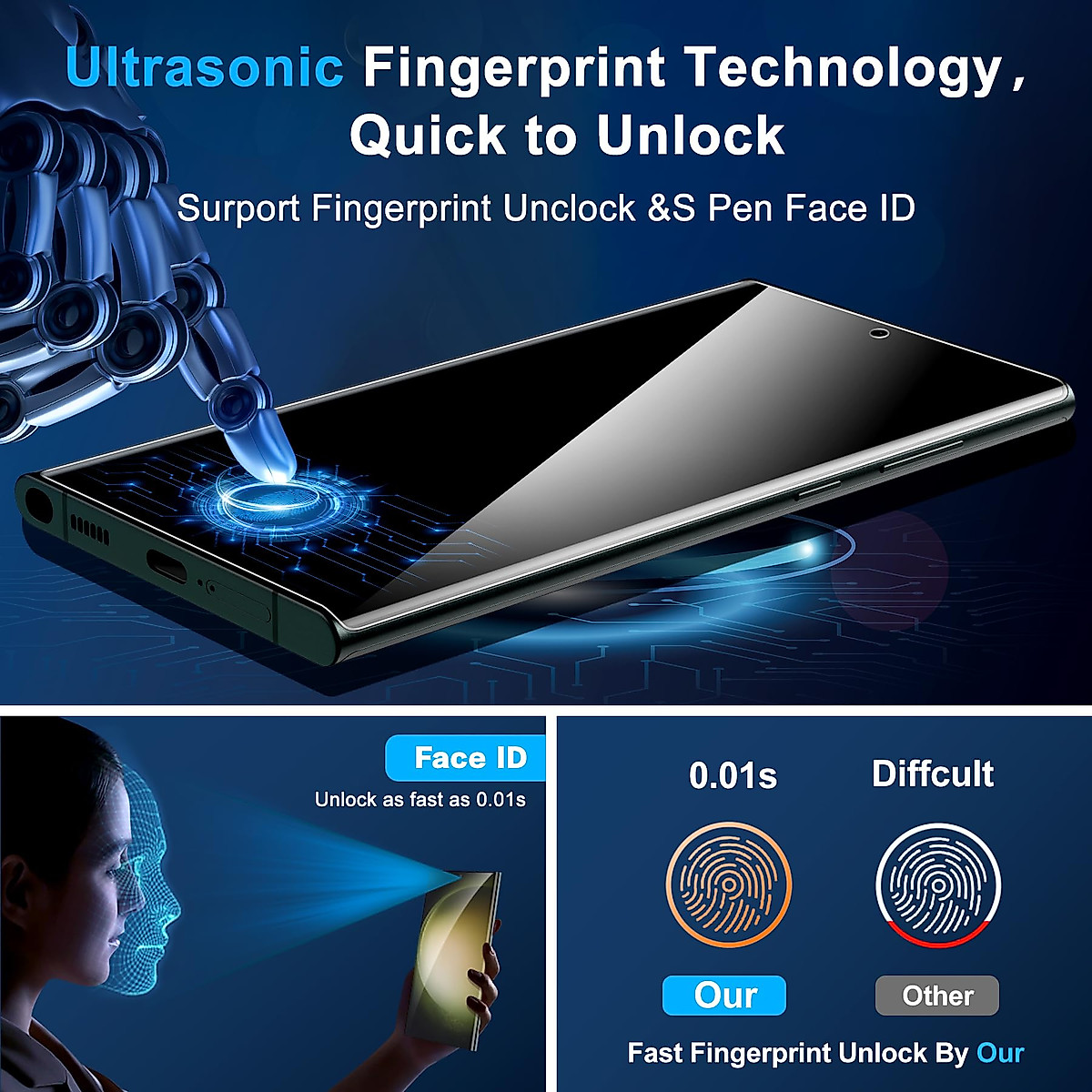 [2+2 Pack] Galaxy S23 Ultra Privacy Screen Protector, 9H Tempered Glass, Ultrasonic Fingerprint Support, 3D Curved, HD Clear Anti-Spy Film for Samsung S23 Ultra 5G Glass Screen Protector