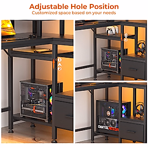 GreenForest L Shaped Desk with Drawers and Power Outlet, 51 inch Computer Gaming Desk with Monitor Stand and 4 Tier Storage Shelves, Printer Stand and Hooks for Work and Study, Black