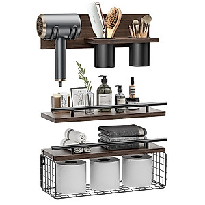 RoleDes Bathroom Floating Shelves with Hair Dryer Holder - Wall Mounted Wood Wall Shelf with Blow Dryer Storage Over The Toilet - Set of 3 Rustic Brown Farmhouse Decor