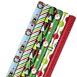 Hallmark Christmas Wrapping Paper Bundle with Cut Lines on Reverse (Pack of 6; 180 sq. ft. ttl.) Modern Santa, Trees on Black, Stripes, Ornaments