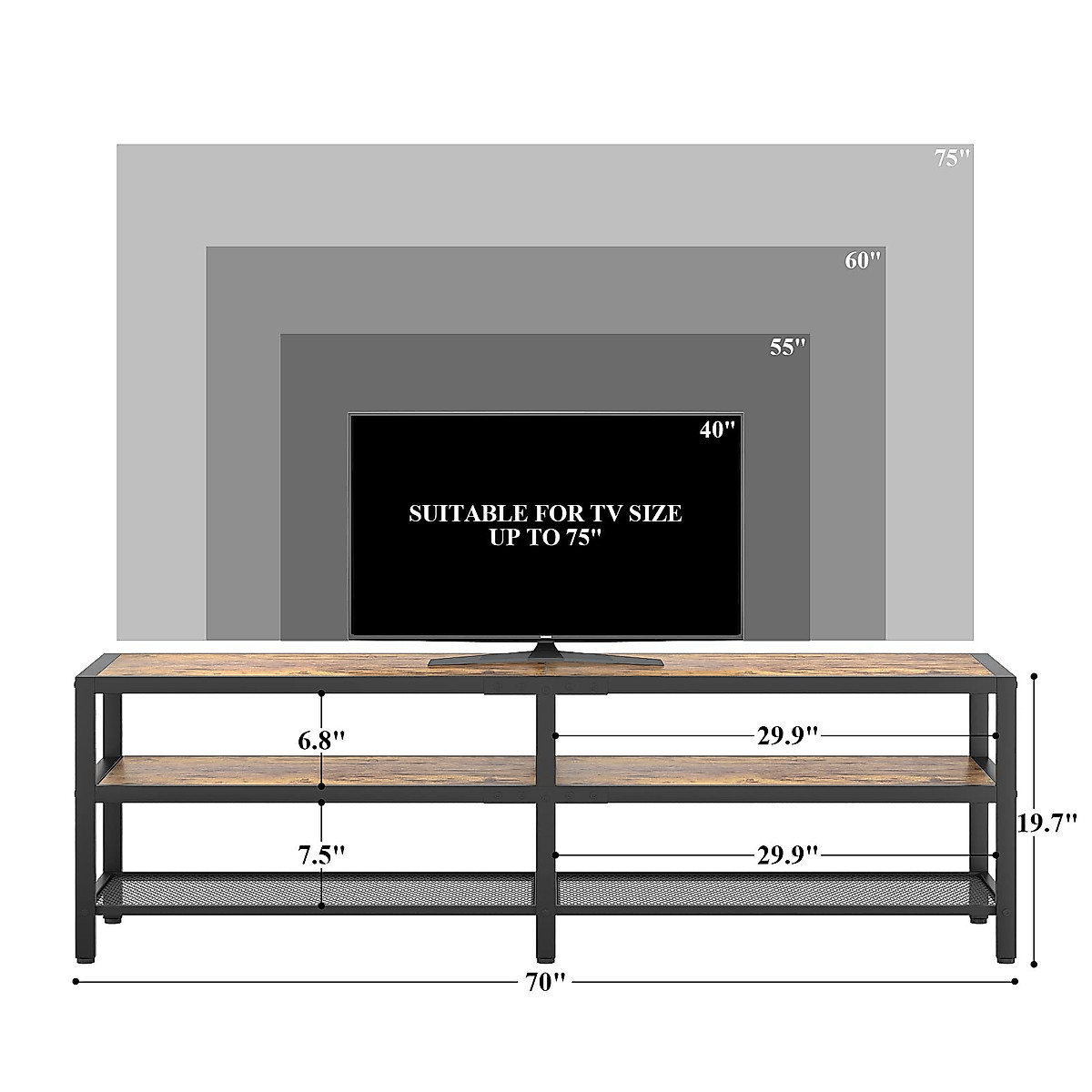 Unikito TV Stand for 75 80 inch TV, Two-color Industrial Entertainment Center TV Console, Long 70" TV Table with 3 Tiers Open Storage Shelves for Living Room Bedroom, Rustic Brown and Gray Oak