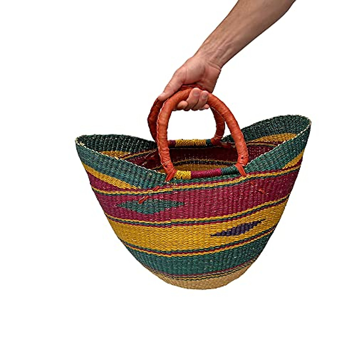 Deluxe Colorful African Shopping Basket - Large 18" U-shape - by market women in Bolgatanga, Ghana with Africa Heartwood Project - GBLSC (Flat-packed)