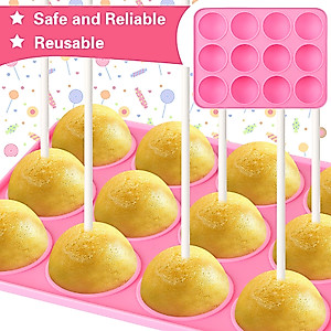 JULMELON Cake Pop Mold,12pcs Capacity Silicone Cake Pop Mold Set, Cake Pop Maker with 100pcs Cake Pop Sticks 100pcs Candy Treat Bags100pcs Gold Ties for Lollipop Candy Chocolate Making and Packing