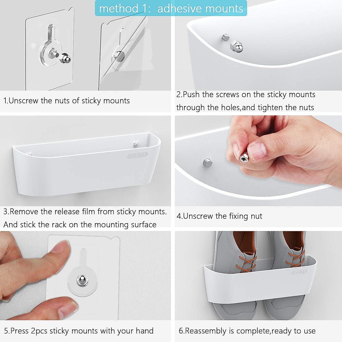 Yocice Wall Mounted Shoes Rack 2Pack with Sticky Hanging Strips, Plastic Shoes Holder Storage Organizer,Door Shoe Hangers (SM03-White-2)