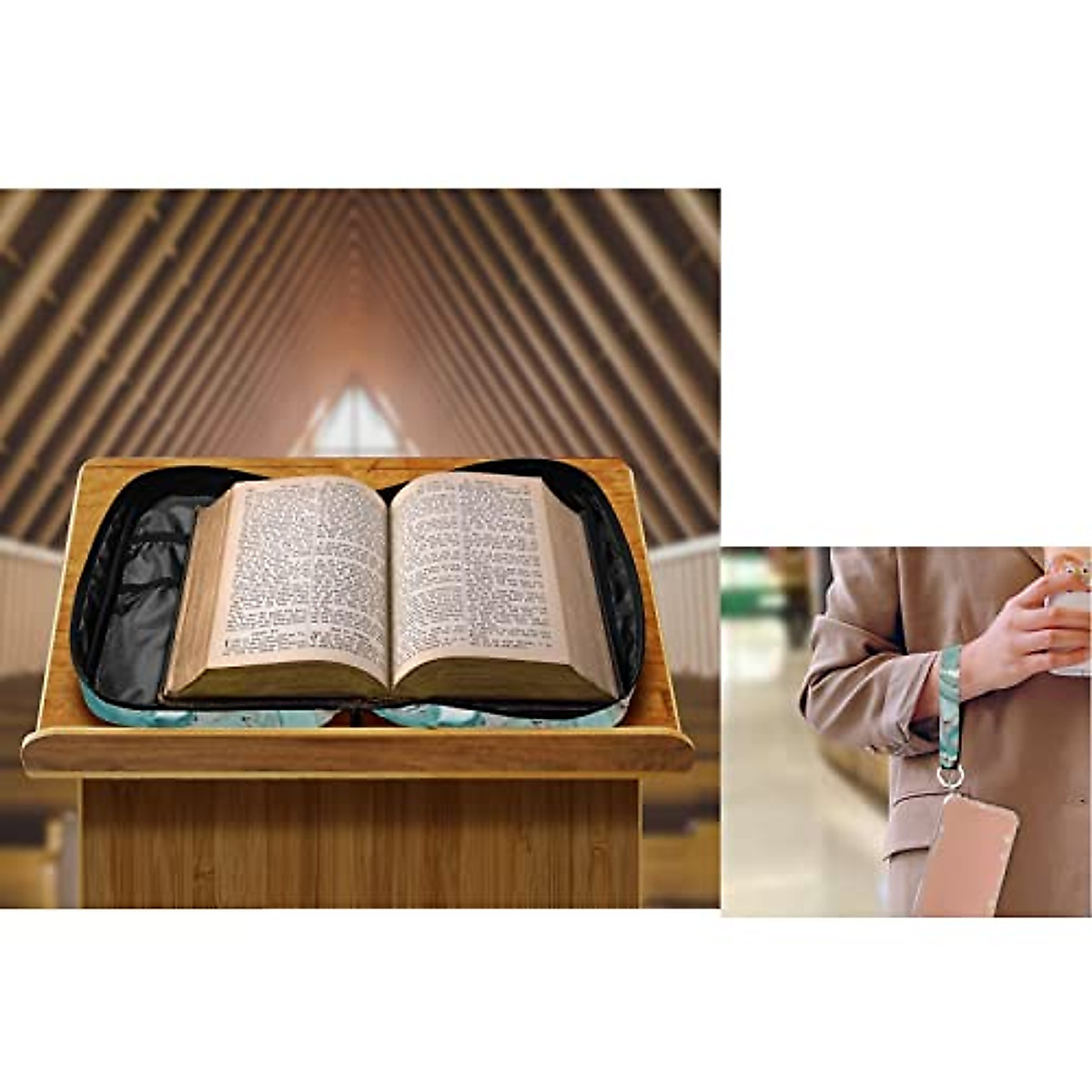 FUSURIRE Teal Marble Pattern Bible Cover with Keychain 2 PCS Bible Case and Wrist Lanyard Key Chain Large Bible Bag Carrying Book Case Bible Tote Bag with Zipper Pocket for Bible Study