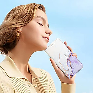 Compatible with Samsung Galaxy Fold 4 Case Wallet Marble Leather Flip Cases Cover with Credit Card Holder for Women White Purple with Wrist Strap for Samsung Galaxy Z Fold4