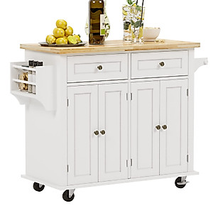 soges Rolling Kitchen Island Cart with Storage, Wood Trolley Cart with Spice and Towel Rack, Mobile Kitchen Storage Cabinet Island Table on Wheels, Serving Cart with Cabinet and Drawers,FZSR-HT01WT