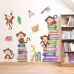 Monkey Wall Decals Animals Monkey Reading Books Wall Stickers for Baby Nursery Kids Bedroom Classroom Wall Decor