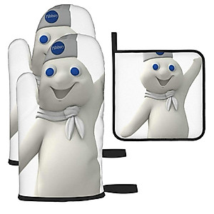 Woidxzxza Pillsbury Doughboy Oven Mitts and Pot Holders Set, Heat Resistant Kitchen Bake Gloves Non-Slip Pot Holders for Cooking, Baking,Grilling, Barbecue,BBQ