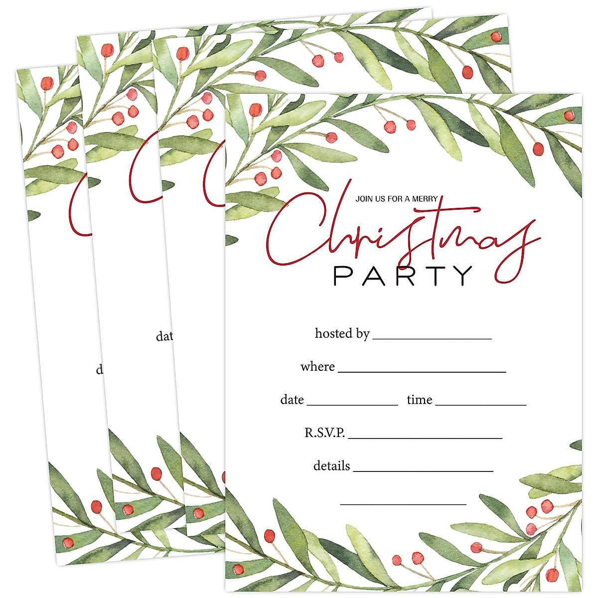 Whaline 25 Pack Christmas Party Invitation Cards Holly Greenery Watercolor Leaves&Berries Invitation Paper Cards with Envelopes Xmas Holiday Party Invites