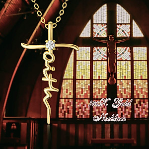 SISGEM Solid 14K Gold Faith Cross Necklace Hope Believe Pendant Necklace with Moissanite Religious Jewelry for Women Anniversary Birhtday Mother's Day Jewelry Gifts for Mom, Wife, 16+2 Inch