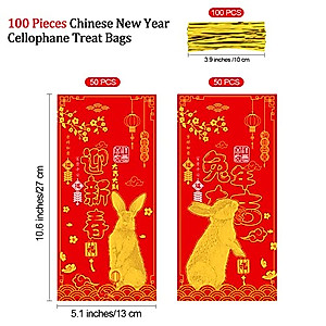 MIMIND 100 Pieces 2023 Chinese New Year Cellophane Treat Bags Chinese Lunar Rabbit New Year Party Bags Plastic Candy Bags with Twist Ties for 2023 Chinese New Year Party Supplies, 2 Designs