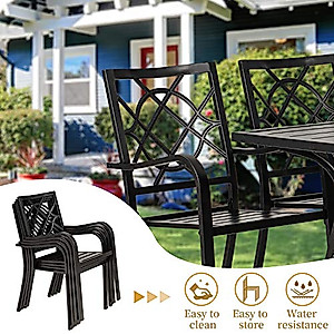 SOLAURA 7-Piece Outdoor Patio Dining Set, 6 Person Garden Dining Set Furniture with Slat Table Top/Backyard Stacked Chairs, 1.57" Umbrella Hole (Black)