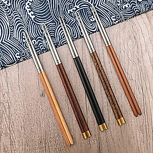 AKONEGE Reusable Chopsticks Wood Splicing Stainless Steel Chopsticks Metal Chopstick Lengthen Japanese Korean Chop Sticks 5 Pairs Gift Set, 9.8 inch