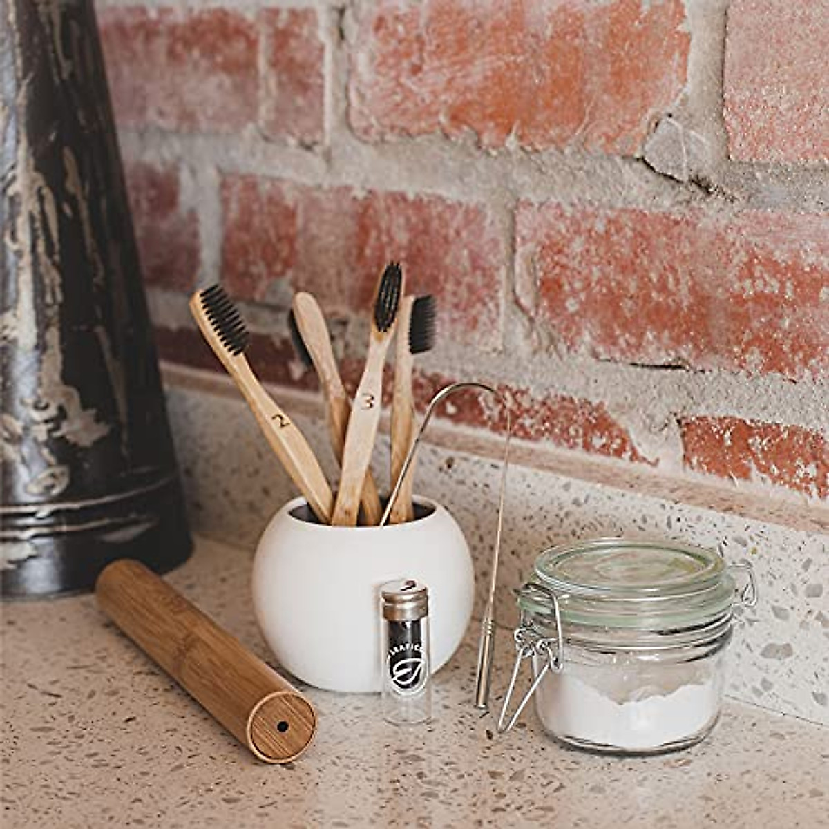 LEAFICO Bamboo Toothbrush with Travel Case - Dental Floss - Tongue Scraper - Premium Eco-Friendly Toothbrushes - Charcoal Infused Soft Bristles for Natural Whitening - BPA Free - Vegan Zero Waste Gift