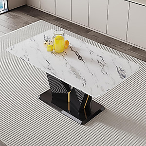 Pvillez 63 inch Marble Dining Table, Modern Dining Table for 4 6 People, Kitchen Table with Rectangular White Faux Marble Top & V Shape Pedestal Base Dinner Table for Dining Room Kitchen Living Room