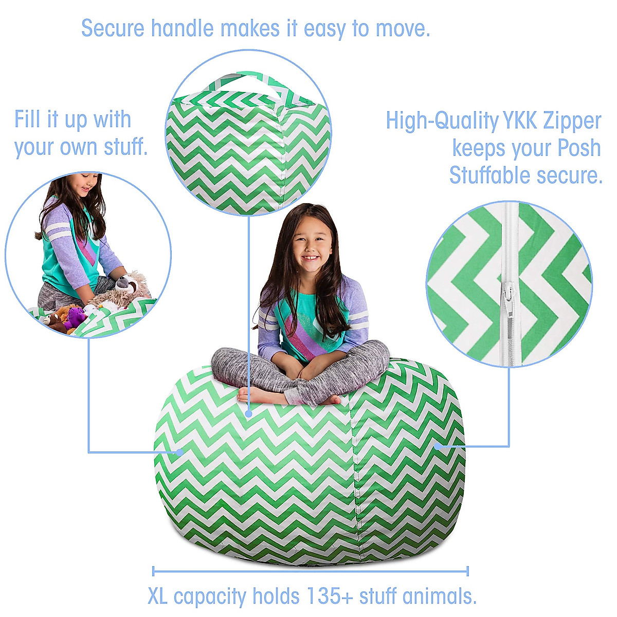 Posh Stuffable Kids Stuffed Animal Storage Bean Bag Chair Cover - Childrens Toy Organizer, X-Large 48" - Pattern Chevron Green and White