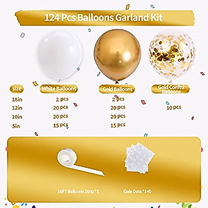 White and Gold Balloon Garland Kit, 124Pcs Arch Kit with Confetti White and Gold Balloons, Bright Durable Latex Balloons for Birthday, Anniversary, Wedding, Bridal Shower, Engagement, Party Decoration