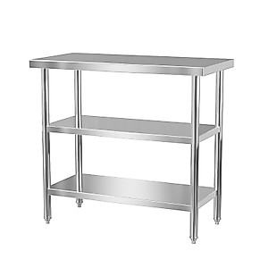 ROVSUN Stainless Steel Table with 2 Shelves 36 X 18 Inch, NSF Commercial Heavy Duty Prep & Work Table, Metal Utility Table for Kitchen, Restaurant, Home, Hotel, Garage