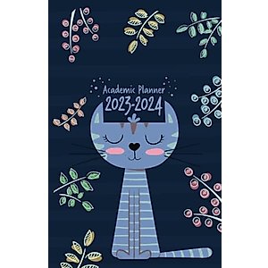 Academic Planner 2023-2024 Small | Cute Blue Cat Teacher: July - June | Weekly & Monthly | US Federal Holidays and Moon Phases