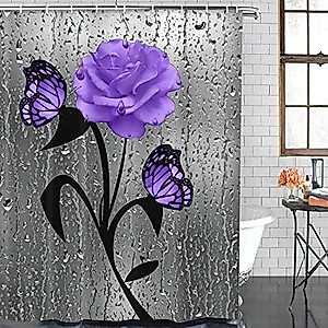 ArtSocket 4 Pcs Shower Curtain Set Purple Rose Floral Flowers Abstract Colorful with Non-Slip Rugs Toilet Lid Cover and Bath Mat Bathroom Decor Set 72" x 72"