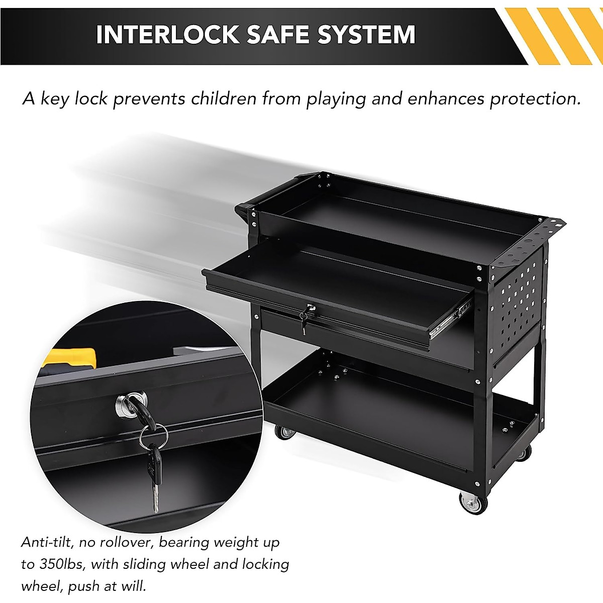 SUN & SUMMER Tool Chest with Wheels, Rolling 3-Tier Tool Box with Wheels 330 LBS Capacity Heavy Duty Utility Industrial Service Cart with Locking System Drawer for Garage, Warehouse & Repair Shop